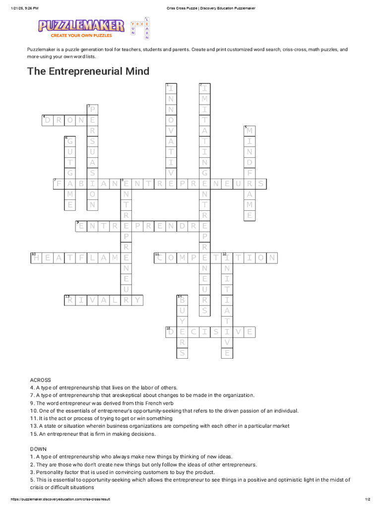 Criss Cross Puzzle - Discovery Education Puzzlemaker | PDF ...
