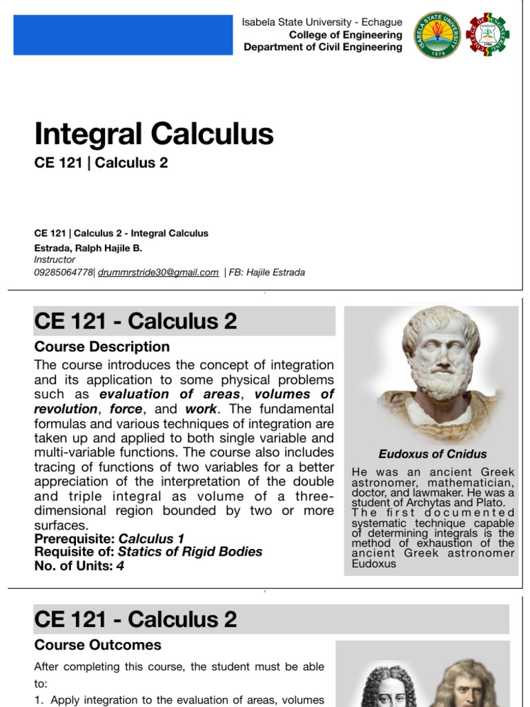 01 CE 121 Integral Calculus Introduction | PDF | Trigonometric Functions | Integral
