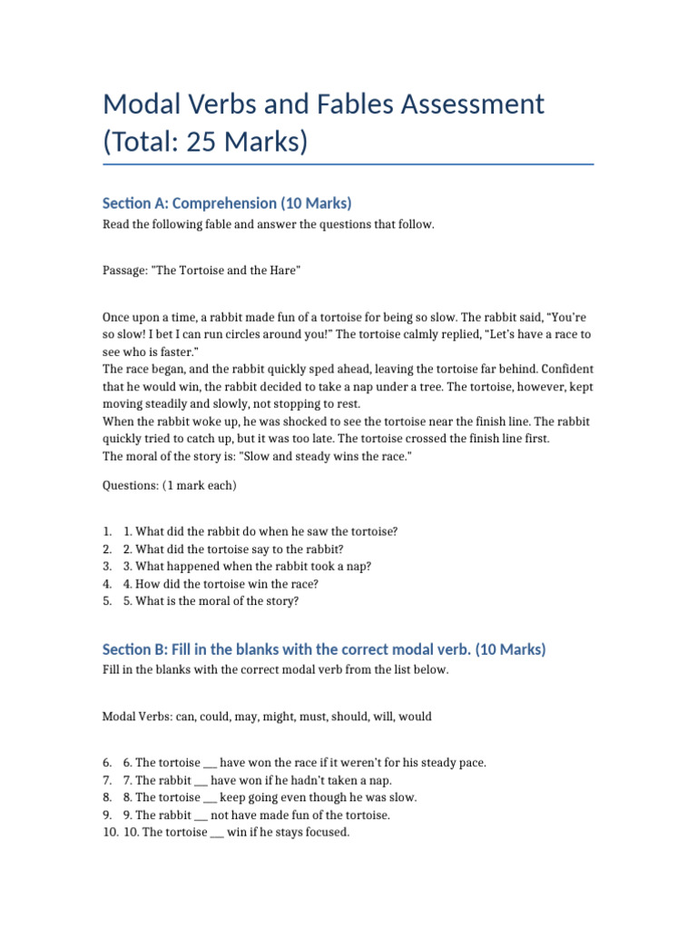 Modal_Verbs_and_Fables_Assessment | PDF | Fable