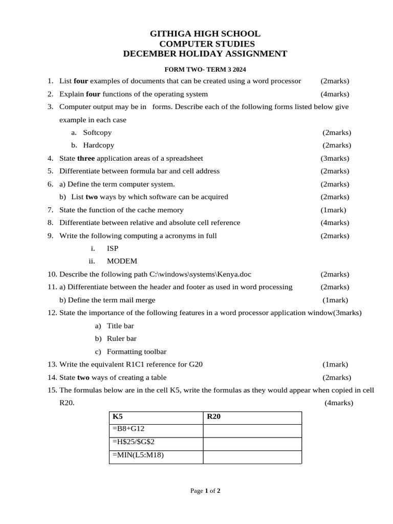 Form 2 2024 t3 Holiday Assignment | PDF | Spreadsheet | Word Processor