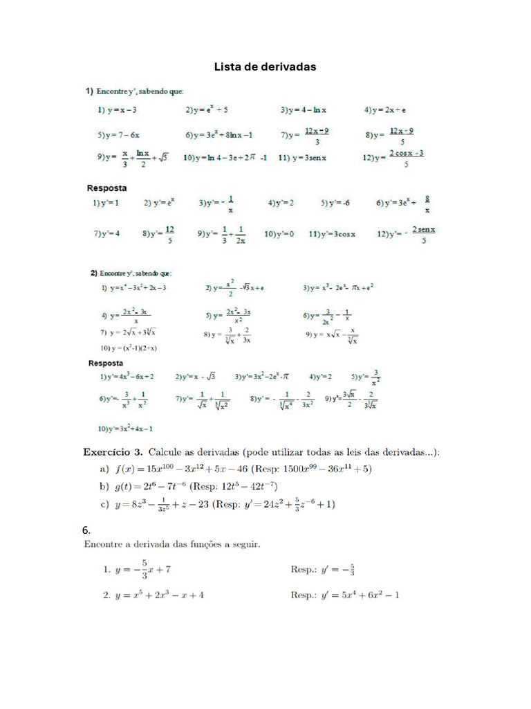 Lista 1 de Derivadas | PDF