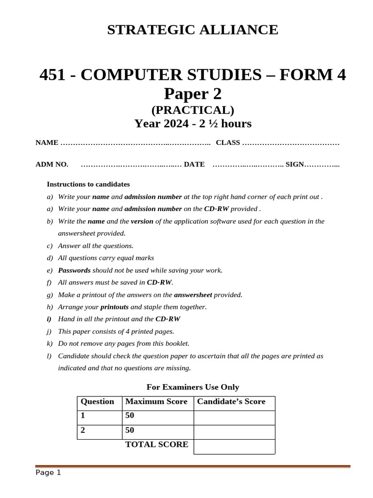 Form 4 Computer Studies PP2 Qns | PDF | Worksheet | Computing