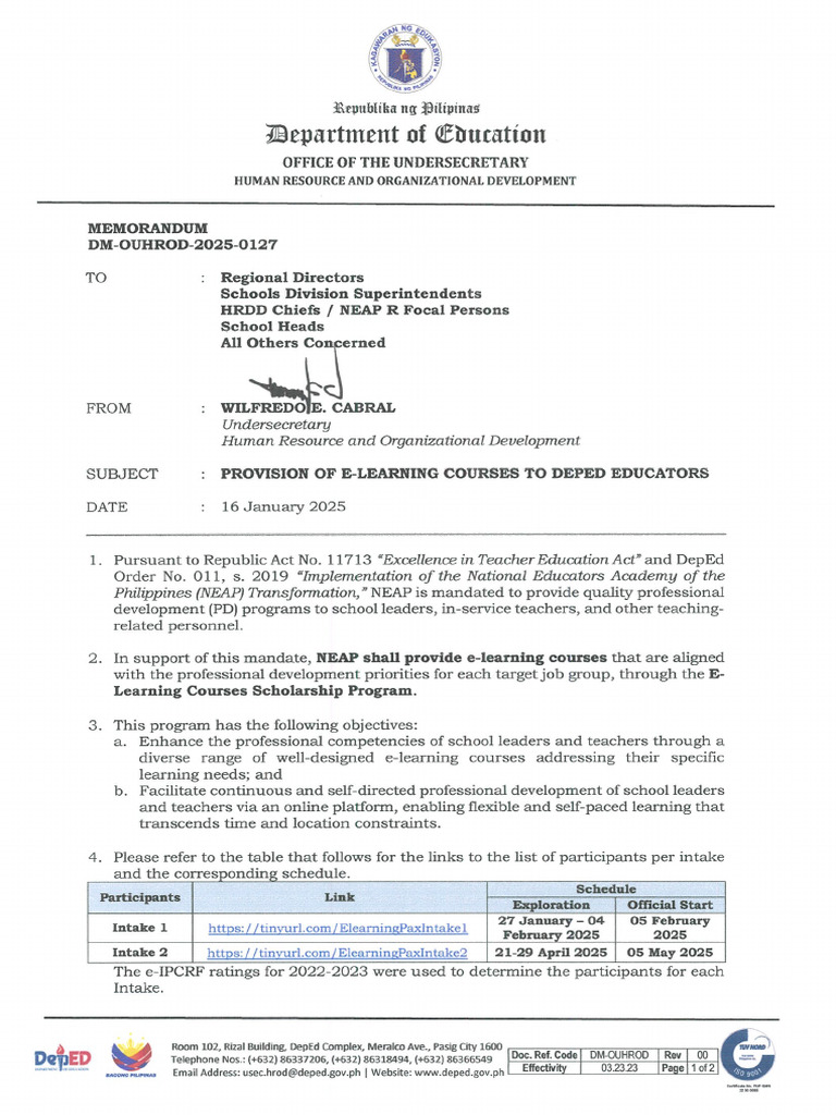 DM Ouhrod 2025 0127 Provision of e Learning Courses To Deped Educators | PDF