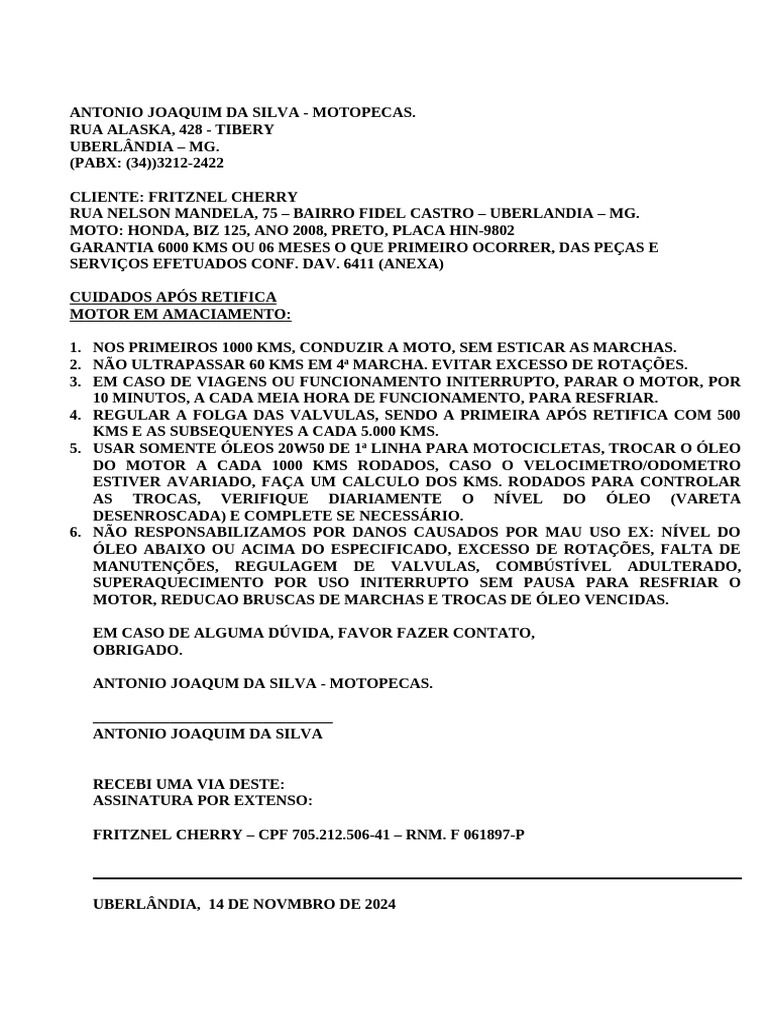 Cuidados Após Retifica Fritznel Cherry | PDF