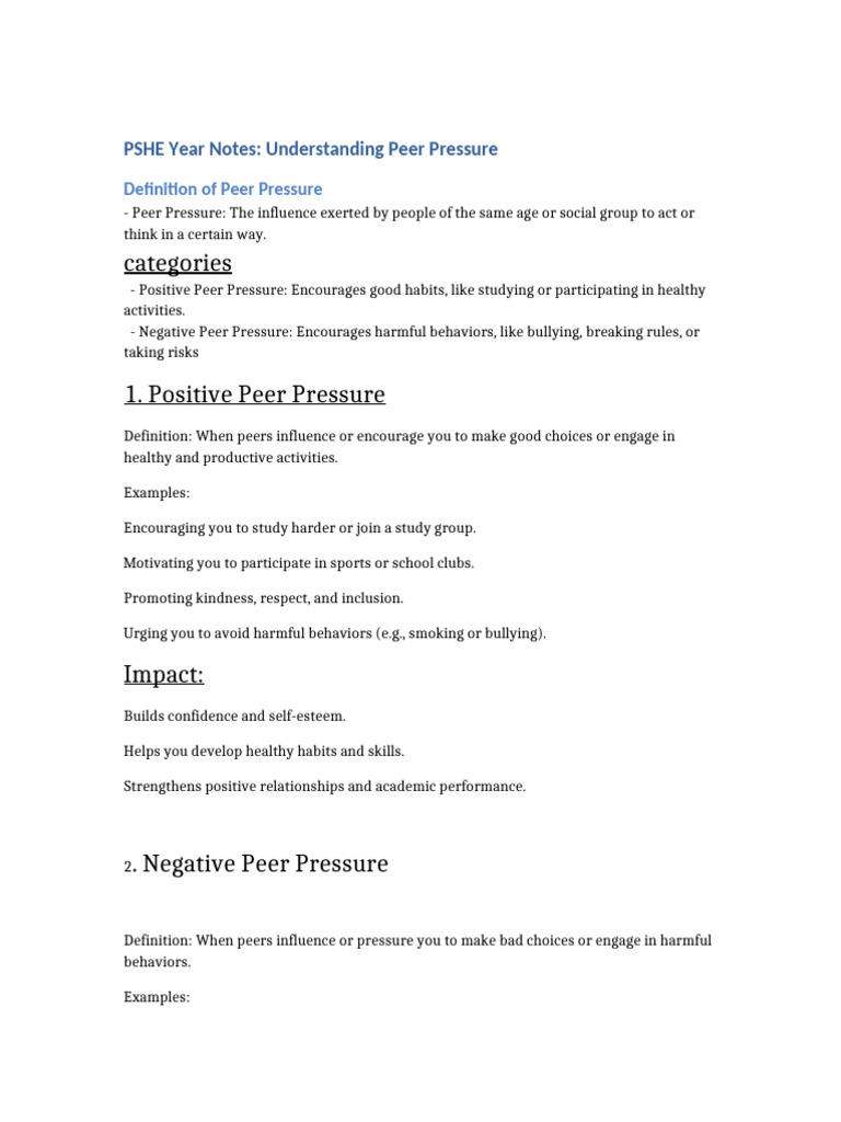 PSHE Year 8 Notes Understanding Peer Pressure | PDF | Bullying | Self ...