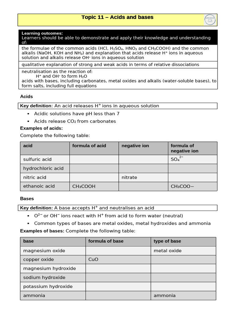 Worksheet Acids and Bases | PDF | Hydroxide | Acid