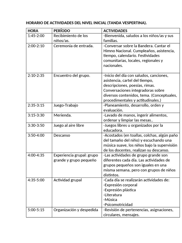 Horario de Actividades Del Nivel Inicial Vesp. | PDF