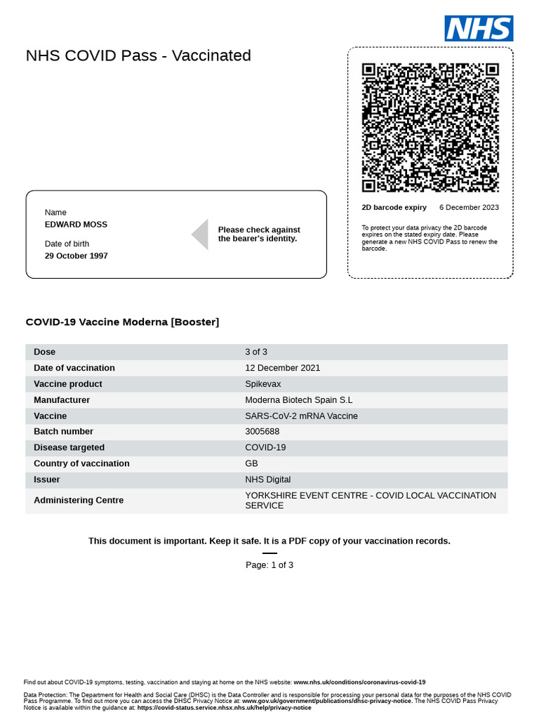 NHS COVID Pass: Edward Moss Vaccination | PDF | Health Sciences ...
