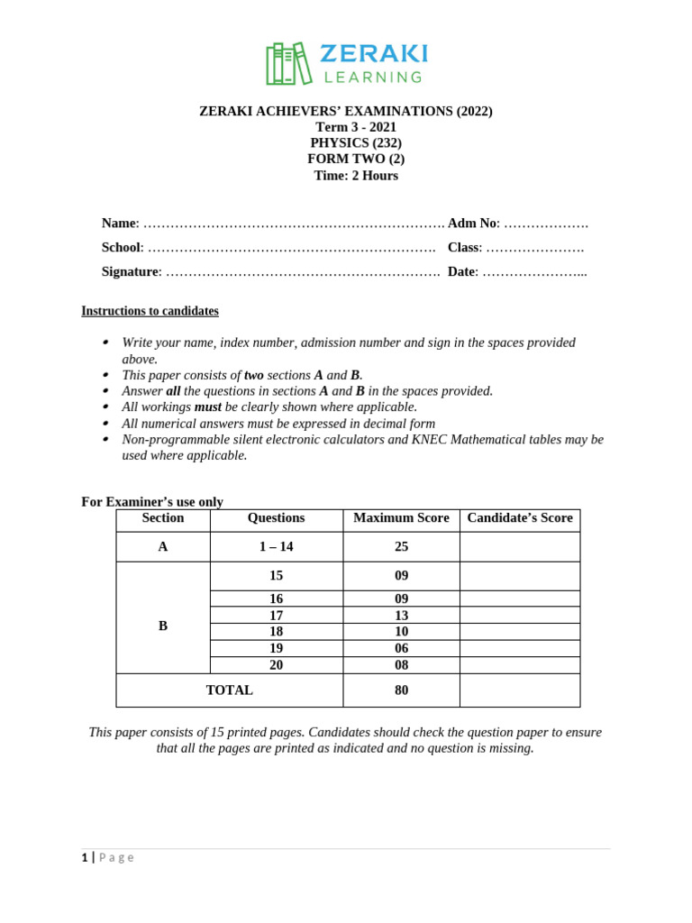 Physics - Physics Form 2 - Zeraki Achievers 5.0 - Question Paper | PDF ...