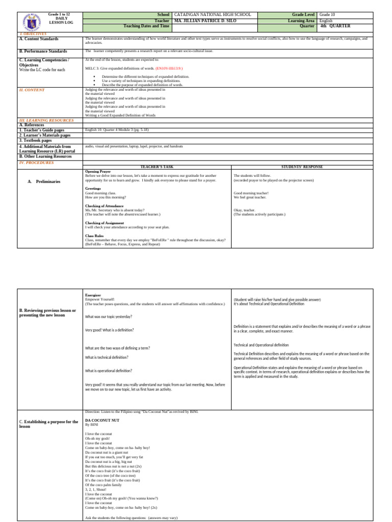 Final DLP Template Cnhs Kath To Print | PDF | Flowers | Teachers