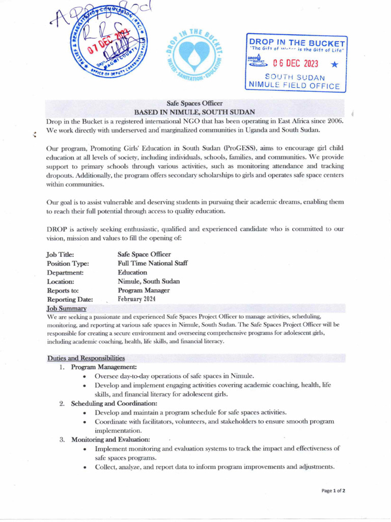 Safe Spaces Project Officer Advert - Nimule-1 | PDF