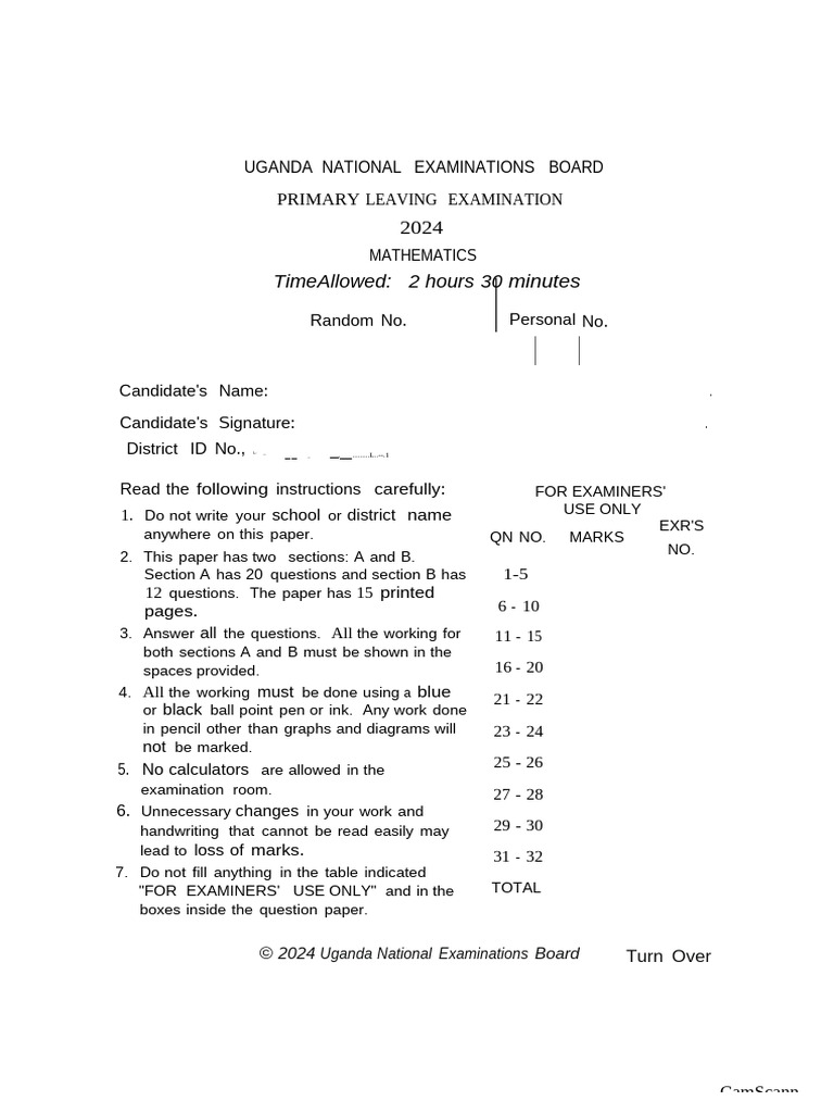 Ple Primary Leaving Examination Mathematics 2024 | PDF