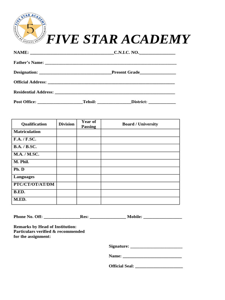 Five Star Academy Application Form | PDF