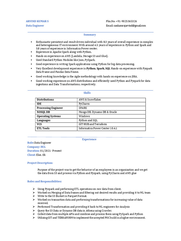 ArvindKumar For Data Engineer - Chennai - Sagent | PDF | Apache Spark | Databases