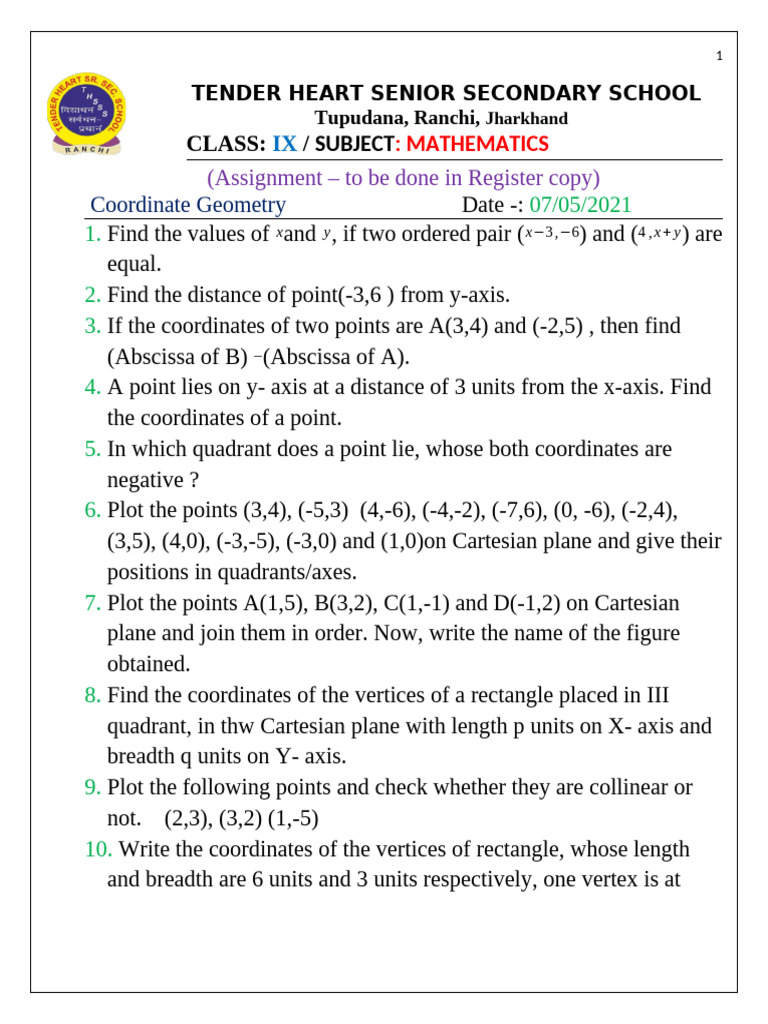 Class IX Coordinate Geometry Assignment | PDF | Cartesian Coordinate ...