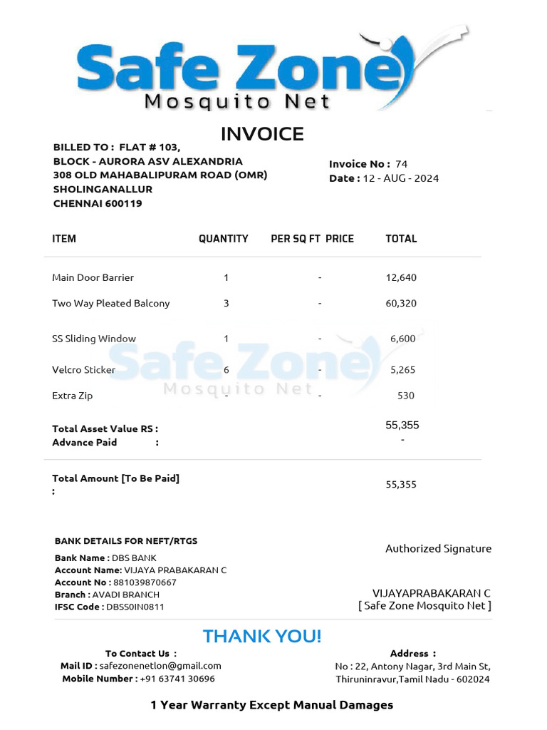 Safe Zone Mosquito Net - Invoice - 73 | PDF