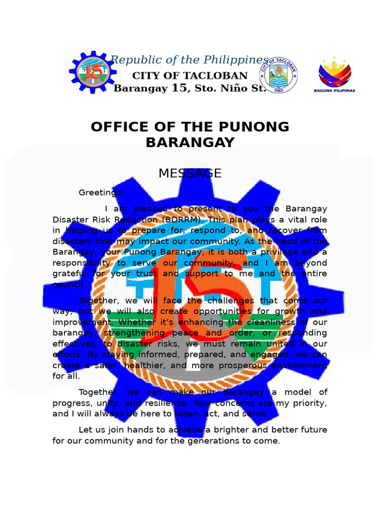 BDRRM PLAN PART 1 (MESSAGE, VISION & MISSION, BRGY. PROFILE) (1) | PDF ...