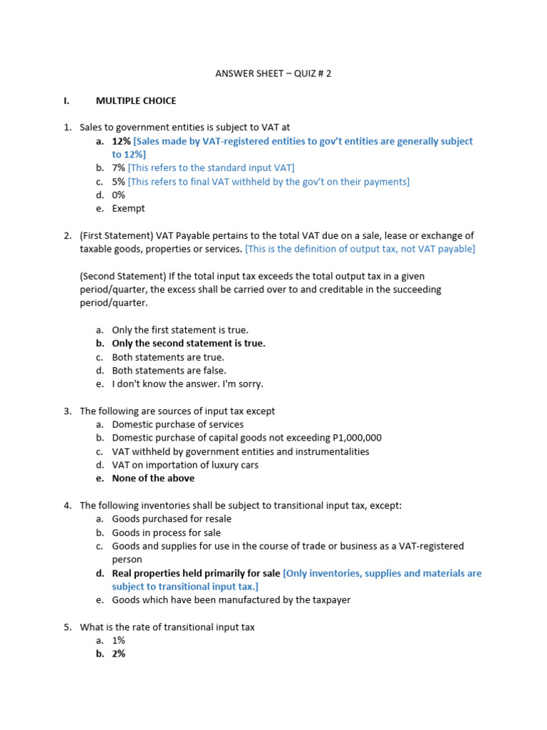 tax-answer-key | PDF | Value Added Tax | Taxes
