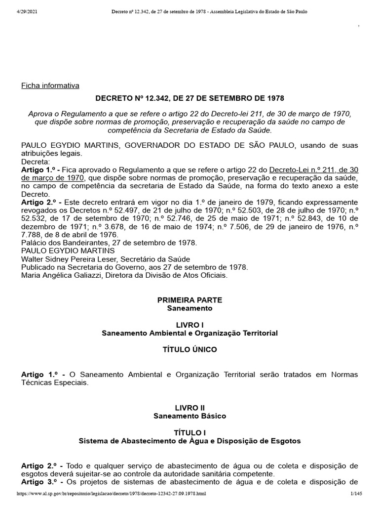 1978 - CÓDIGO SANITÁRIO ESTADUAL SÃO PAULO - Decreto Nº 12.342, de 27 de Setembro de 1978 ...