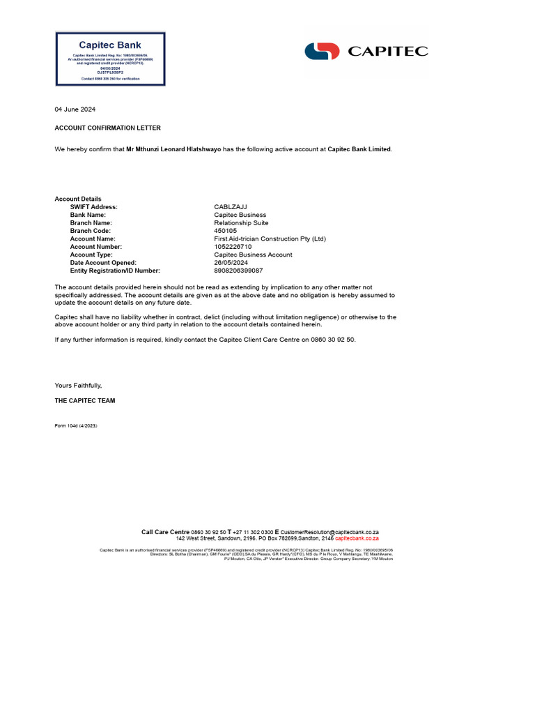 Capitec Account Confirmation Letter | PDF | Business | Justice