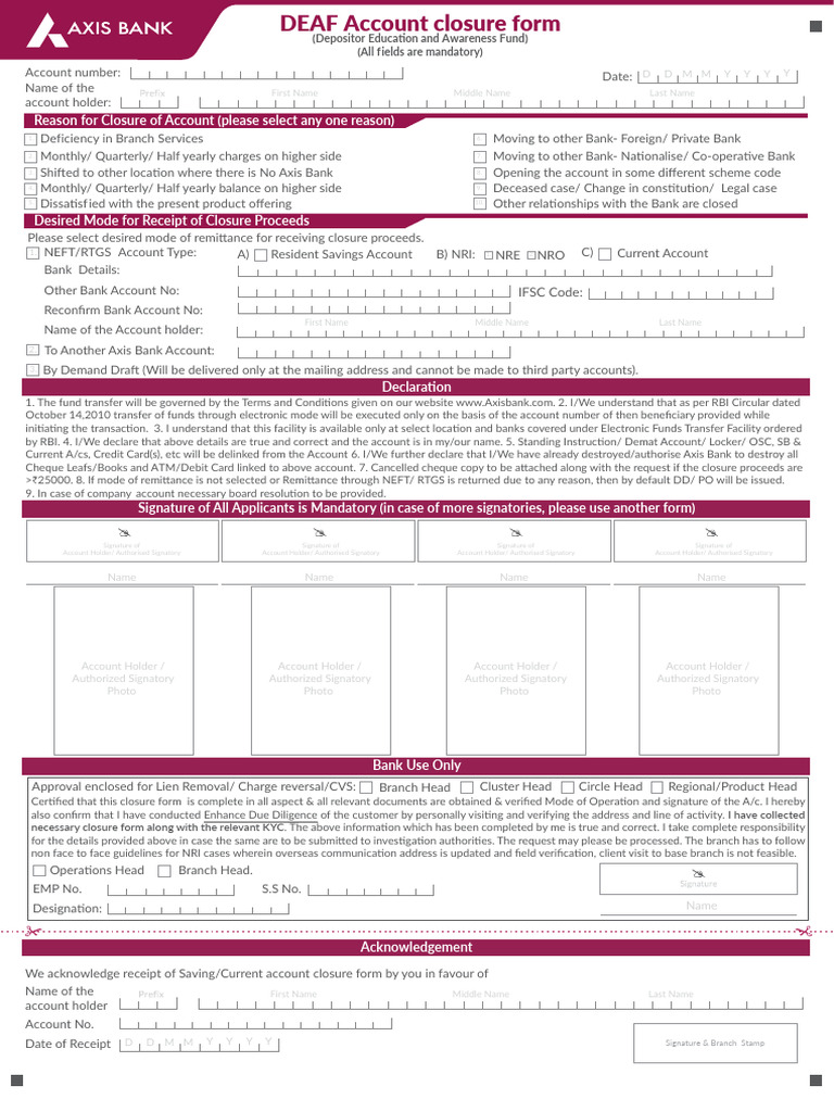 Axis Bank Deaf Account Closure Form | PDF | Payments | Banking