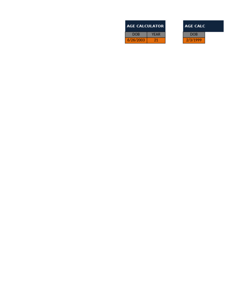 DOB Year DOB 6/26/2003 21 2/3/1999: Age Calculator Age Calculator | PDF