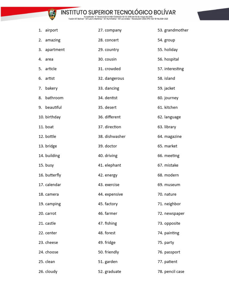 100 Vocabulary Words For A1 y A2 Level | PDF
