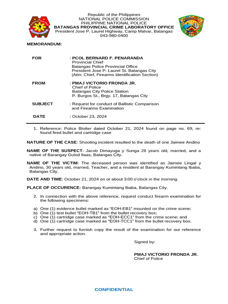 Ballistic Examination Request Memo | PDF
