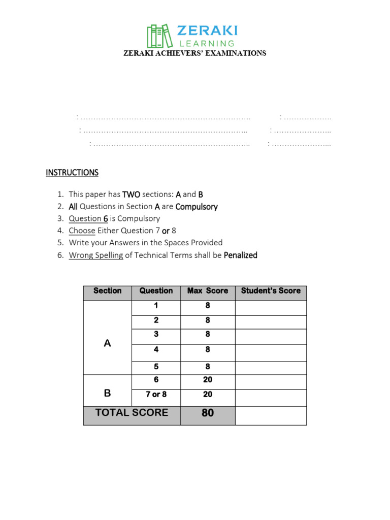 Biology Form 2 - Zeraki Achievers 5.0 - Question Paper | PDF ...