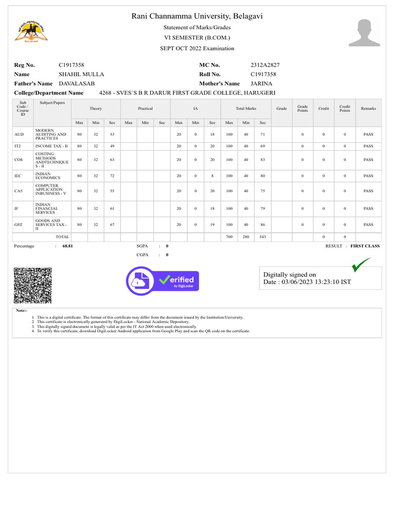 Rcub 6th Semester Marksheet | PDF