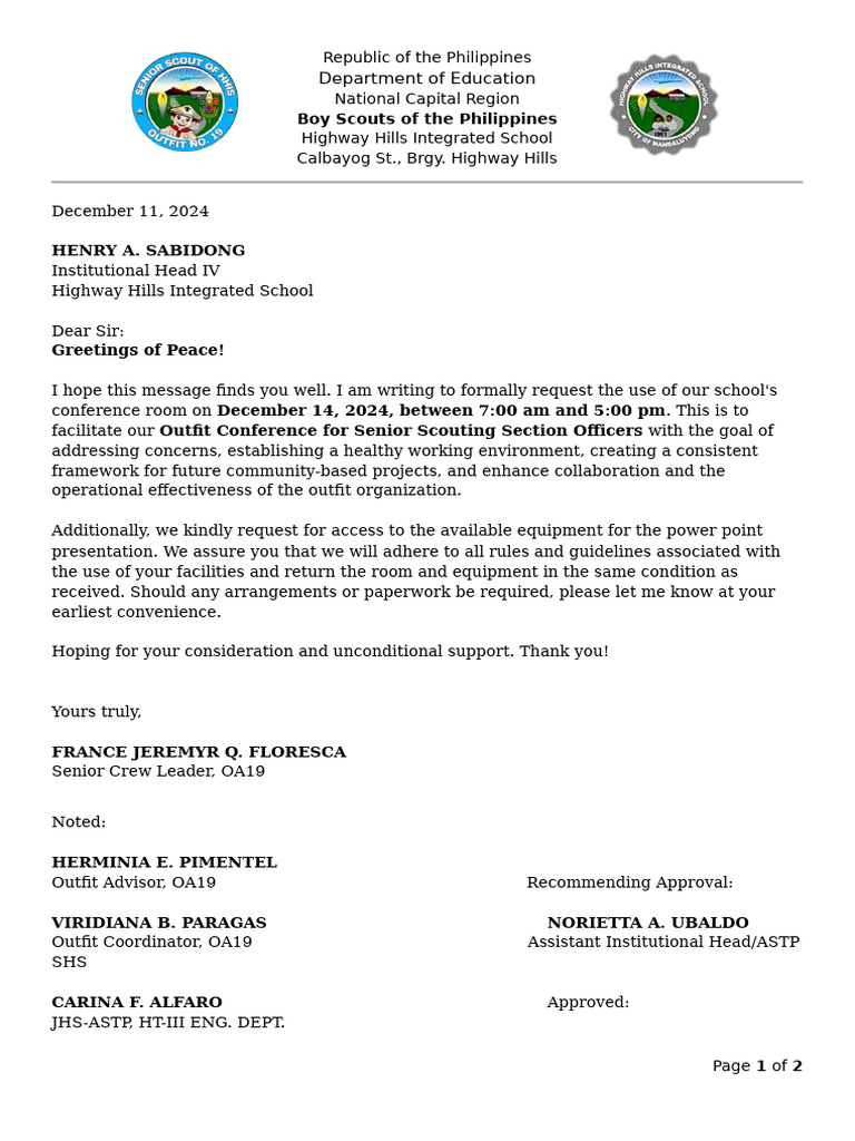 Letter of Request For The Conference Room | PDF
