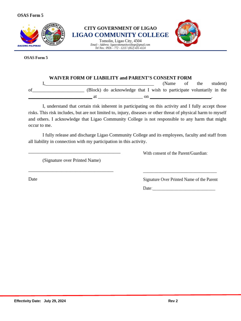 OSAS Form 5: Liability Waiver & Consent | PDF