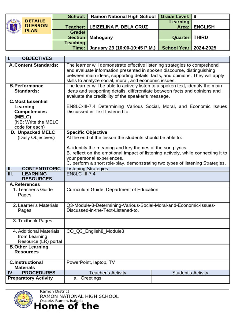 Grade 8 English Listening Strategies Lesson | PDF | Empathy | Learning