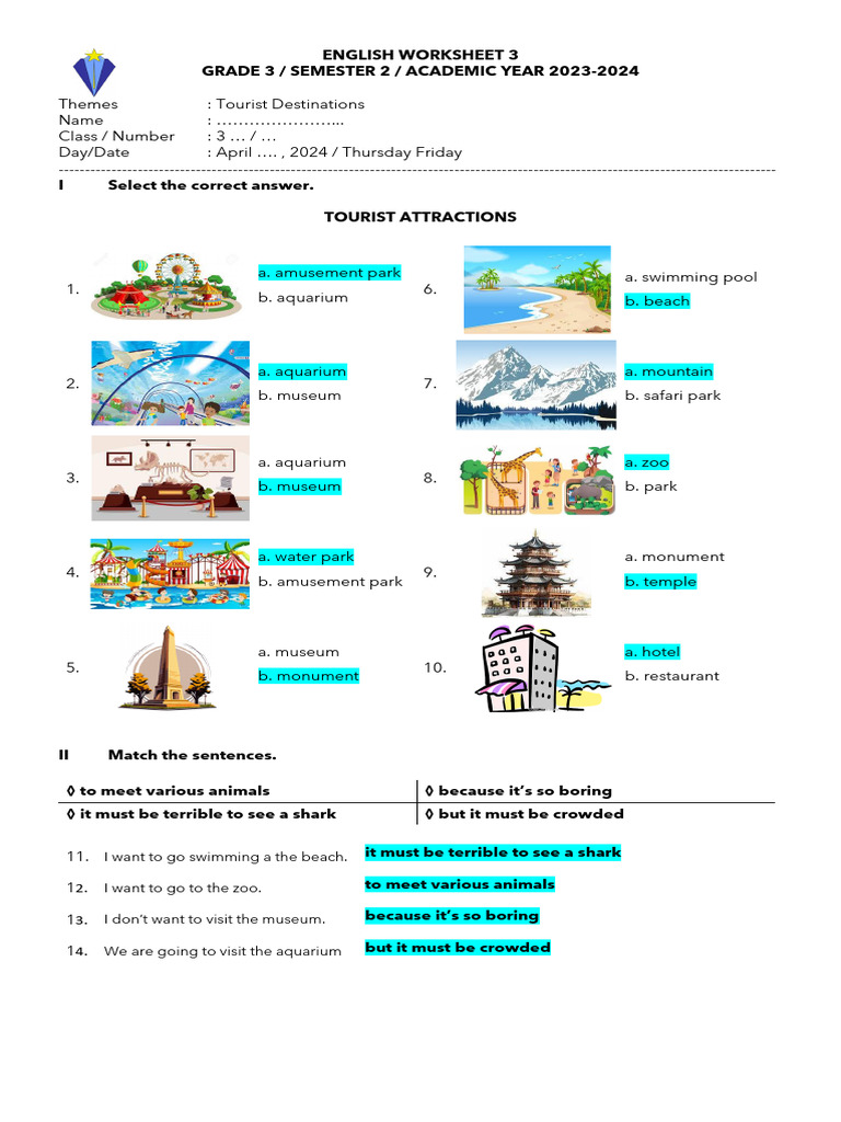 Tourist Attractions Worksheet for Grade 3 | PDF