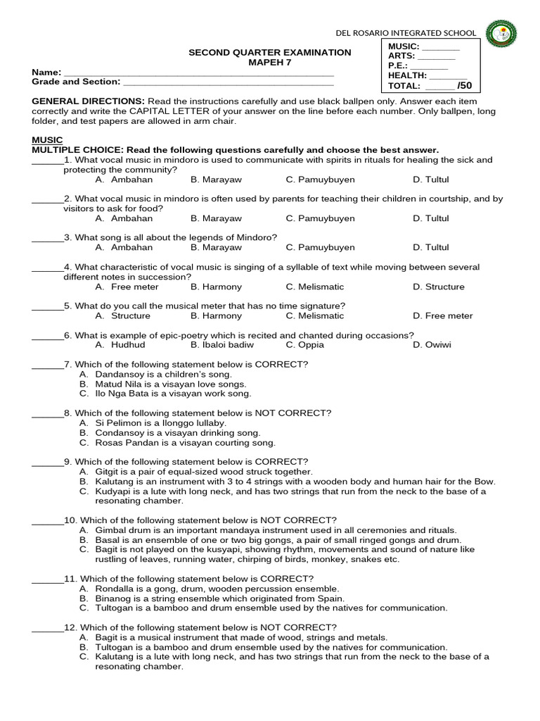MAPEH 7 Second Quarter Exam Guide | PDF | Foods | Vegetables