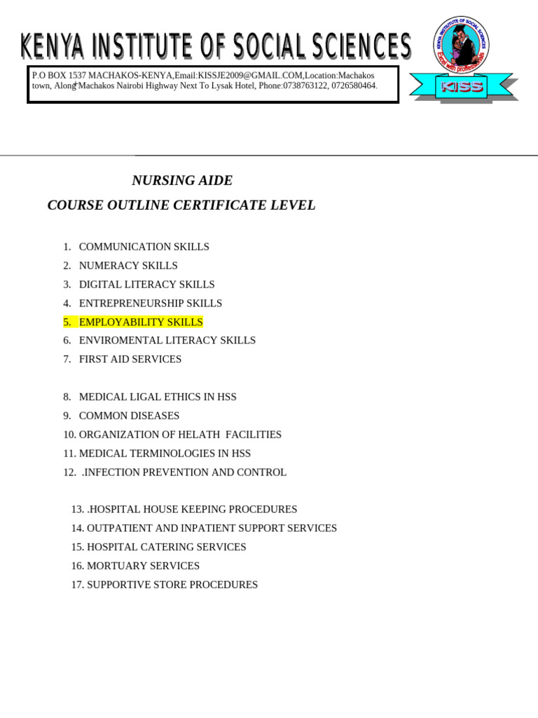 Nursing Aide Course Outline Course | PDF