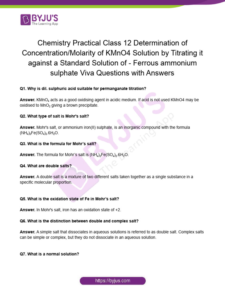 Viva Questions On Titration, FAS Vs KMnO4 | PDF | Titration | Chemistry