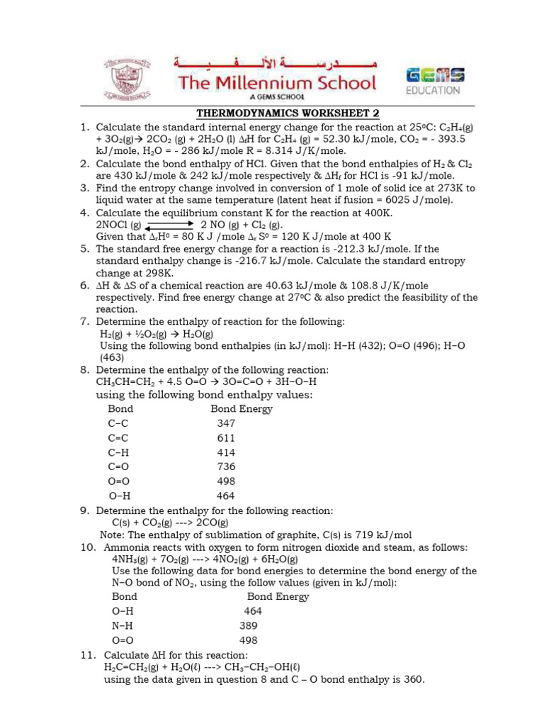 THERMODYNAMICS Numerical WORKSHEET 2 | PDF