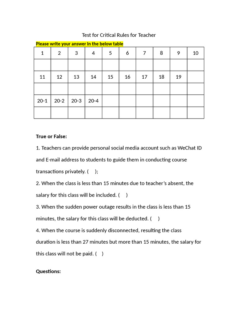 Teacher Rules Compliance Test | PDF