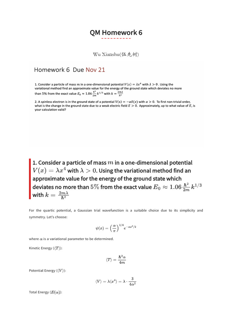 QM_HW6 | PDF | Perturbation Theory (Quantum Mechanics) | Wave Function