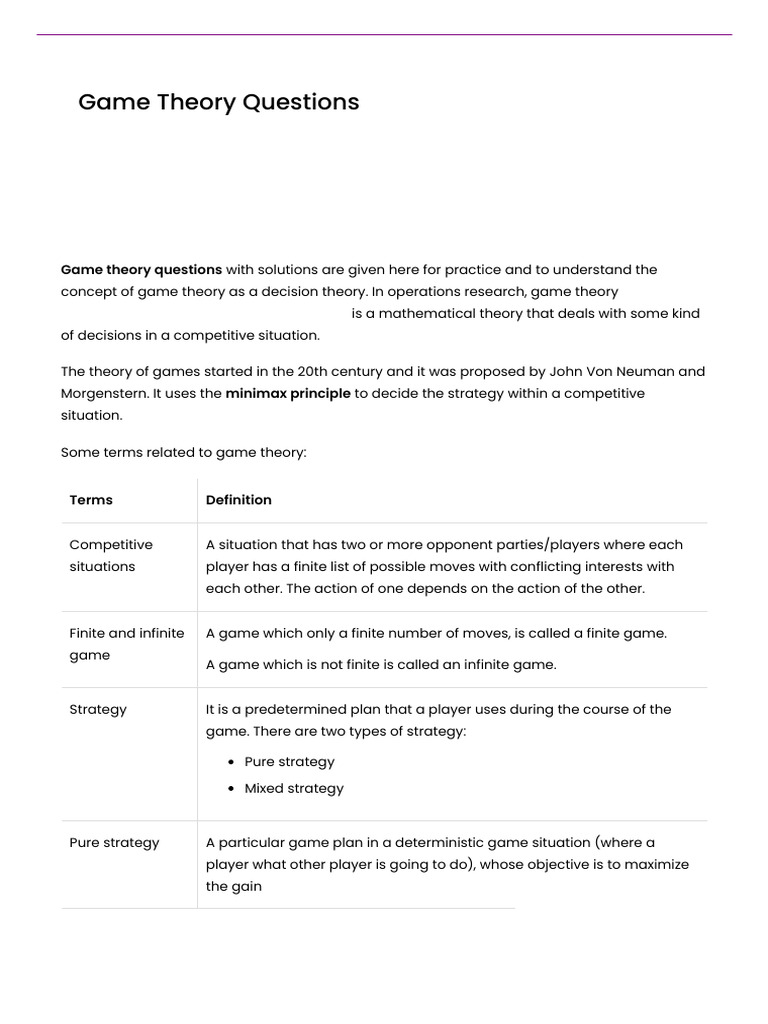 Game Theory Questions With Solutions | PDF | Game Theory | Matrix ...