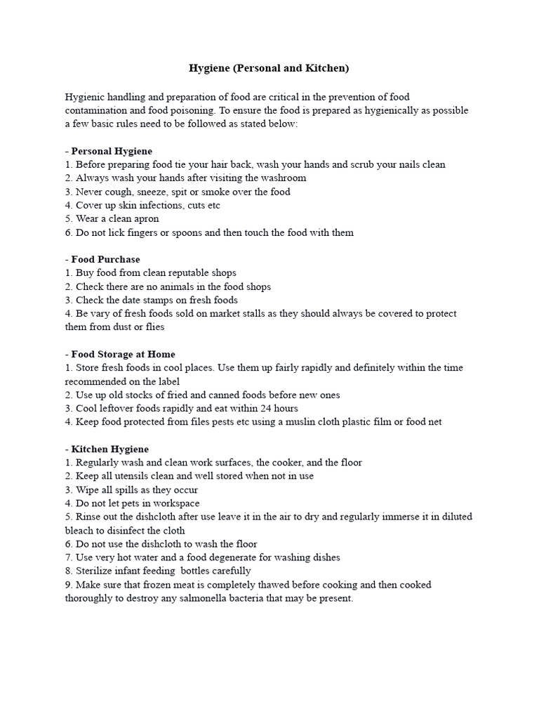 Hygiene (Personal and Kitchen) | PDF
