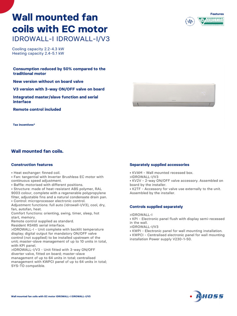 IDROWALL-I/V3 Fan Coil Overview | PDF | Equipment | Electrical Engineering