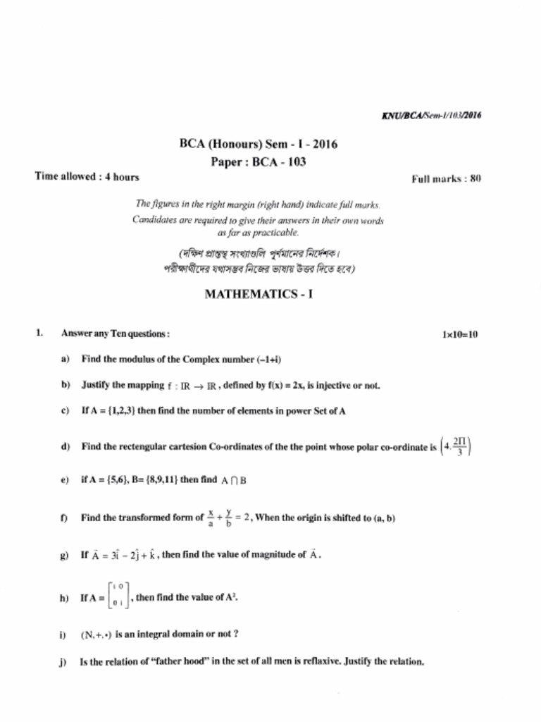 2016 BCAH103 Mathematics - I | PDF