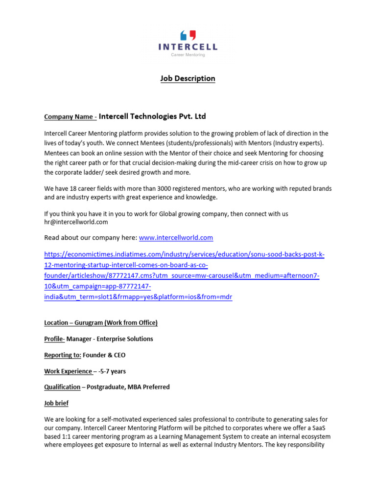 Manager - Enterprise Solutions | PDF | Mentorship | Sales