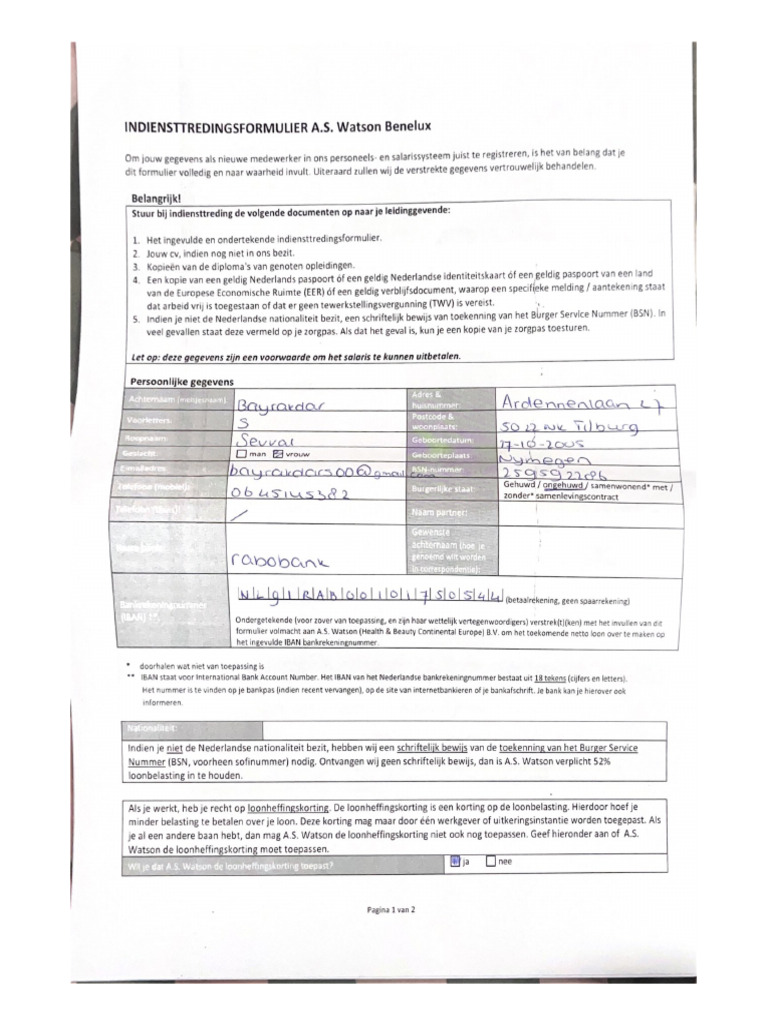 INDIENSTTREDINGSFORMULIER A.S. Watson Benelux | PDF