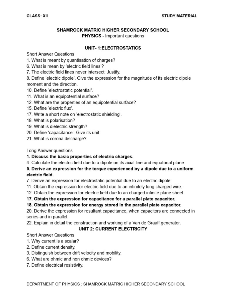 12 Phy Important Questions | PDF | Inductance | Electromagnetic Induction