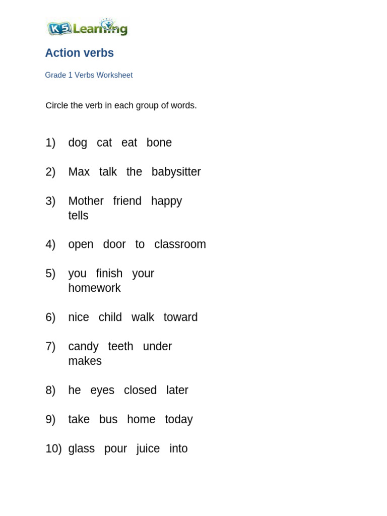 Grade 1 Action Verbs A | PDF