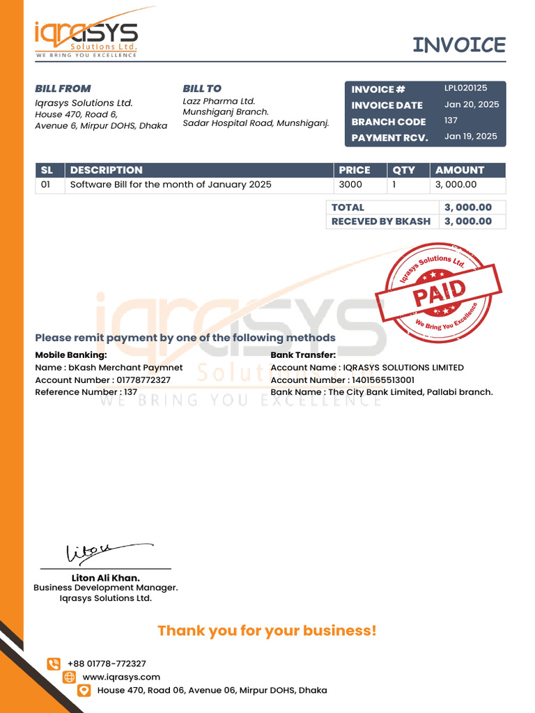 Lazz Pharma Munshiganj Paid Invoice Month of January-2025 | PDF