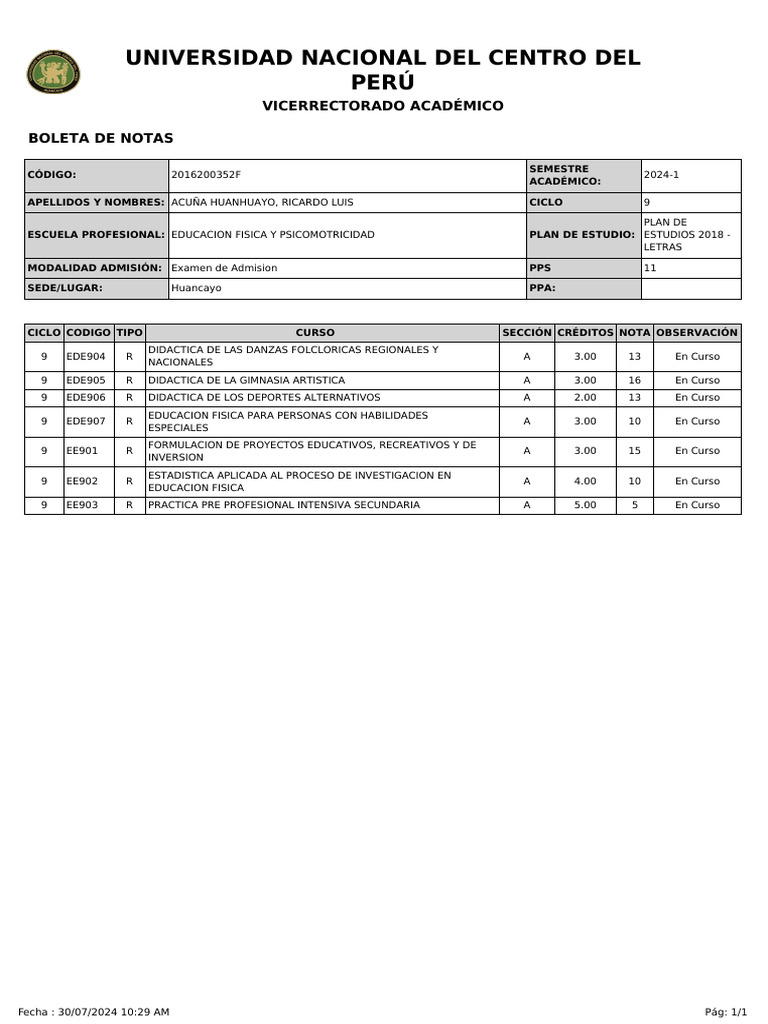Boleta Notas 2016200352F 2024 1 | PDF